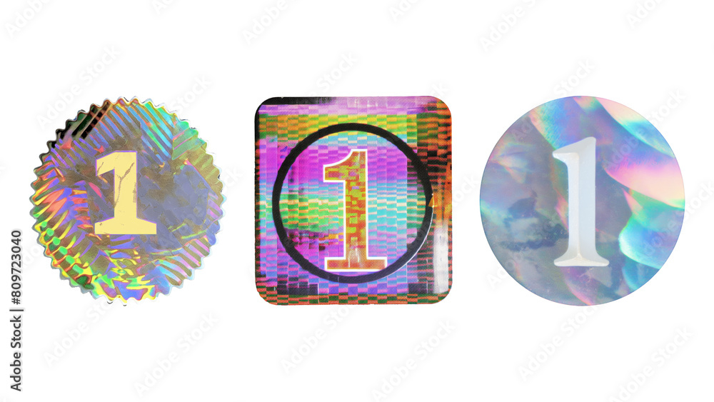 Holographic sticker set with number “1”, isolated retro style colorful ...