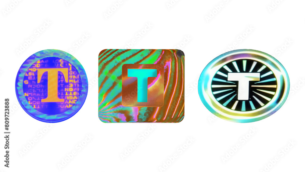 Holographic sticker set with letter “T”, isolated retro style colorful ...