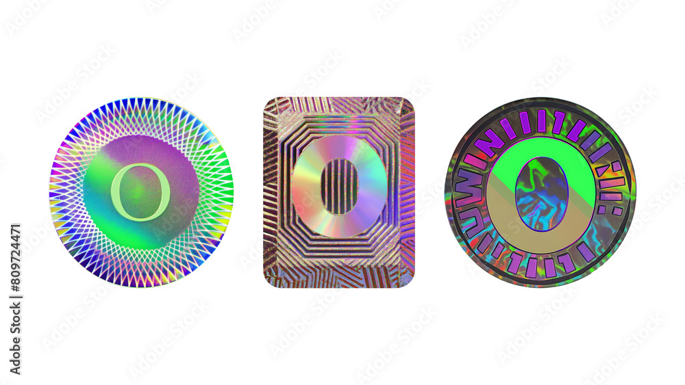 Holographic sticker set with letter “O”, isolated retro style colorful ...