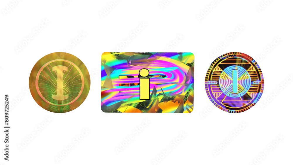 Holographic sticker set with letter “I”, isolated retro style colorful ...