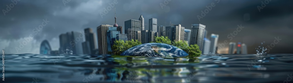 A city is sinking into the ocean. The water is rising and the buildings ...