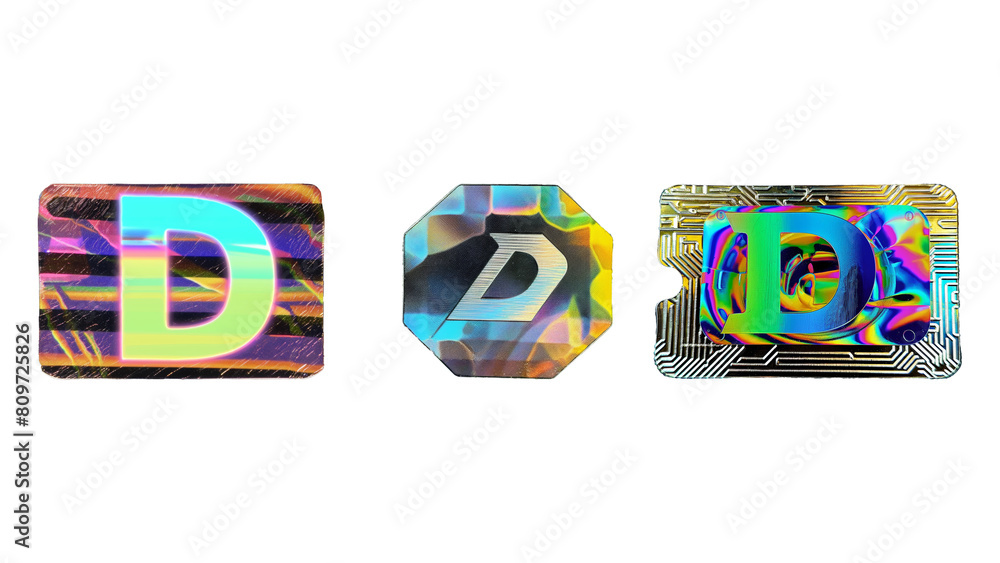 Holographic sticker set with letter “D”, isolated retro style colorful ...