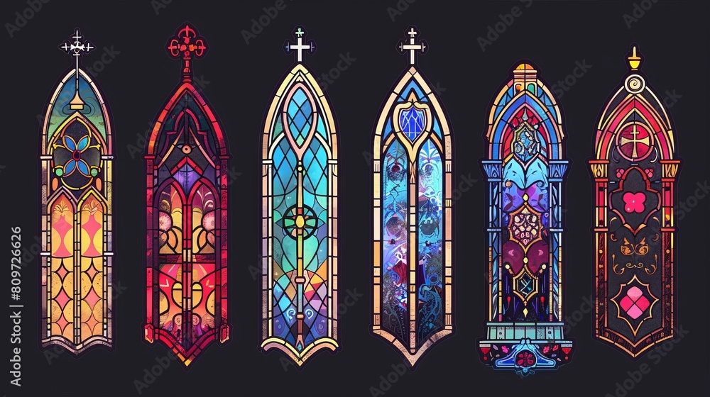 Gothic line art stained glass windows flat item set. Gothic windows ...
