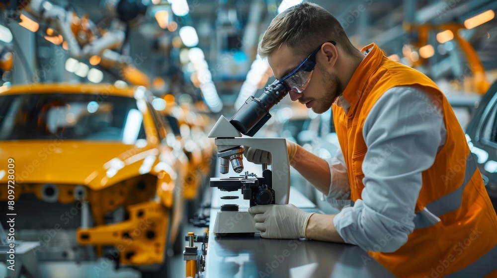 automotive quality inspector using a microscope to check material ...