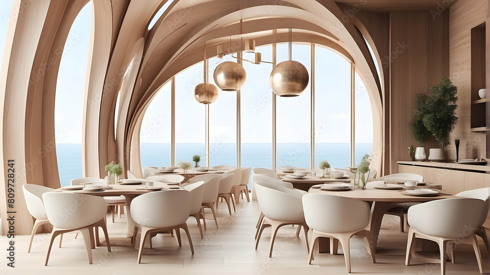 A chic dining environment in a wooden arch structure with large pendant ...