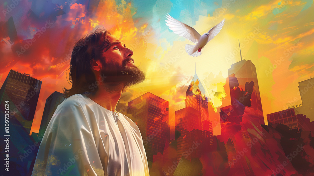 Double exposure art of Jesus Christ, flying dove and cityscape Stock ...