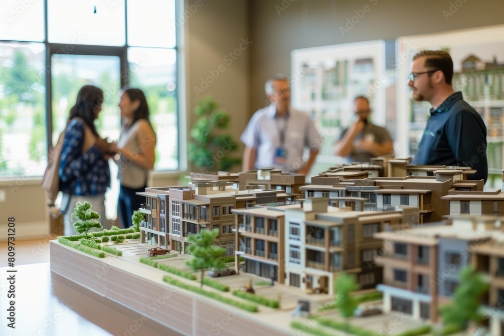 People gather around a scale model of a building displayed in a ...