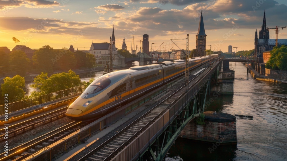 high-speed train crossing a bridge, with an engineer checking ...