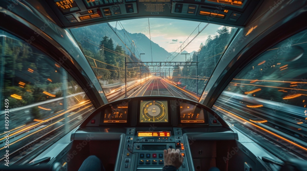 a high-speed train traveling through a scenic route, with an engineer ...