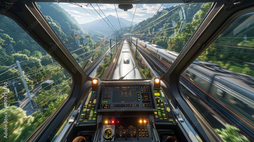 a high-speed train traveling through a scenic route, with an engineer ...