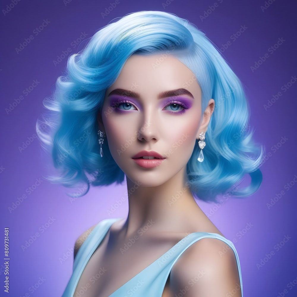 woman with blue hair and a halo around her head on a simple pure purple ...