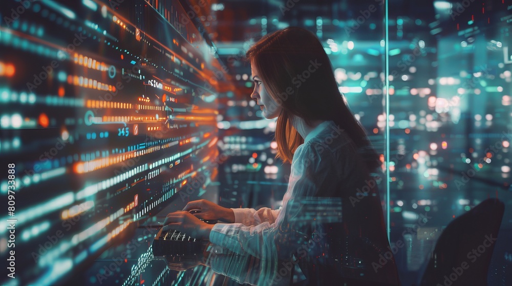 A focused woman works at a computer, typing lines of code that appear ...