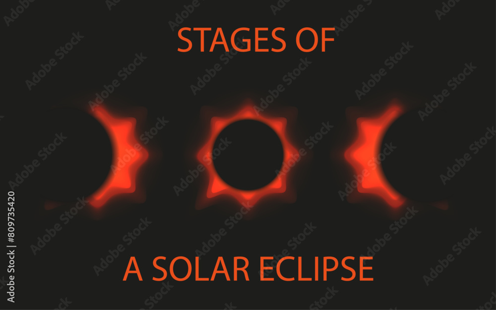 Solar Eclipse Stages design isolated black background. Sun Explosion ...