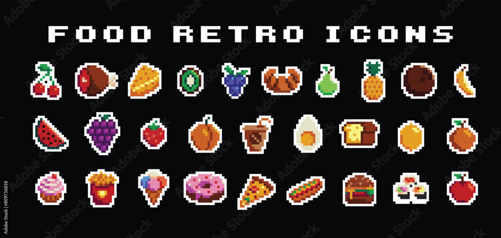 Food pixel art 80s style icons element design stickers, logo, mobile ...