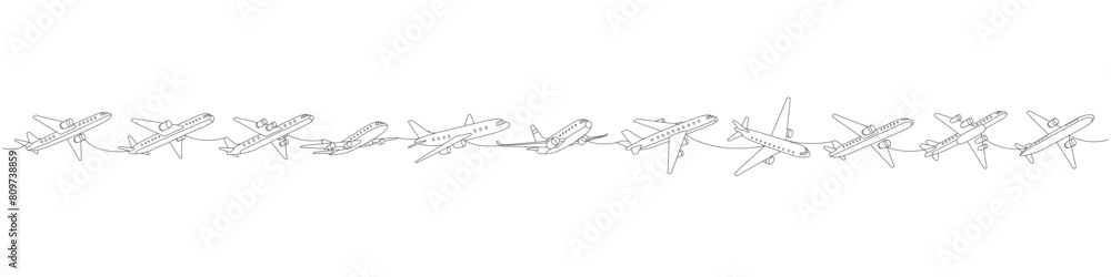 Aircraft set. Air transport one line continuous drawing. Passenger ...