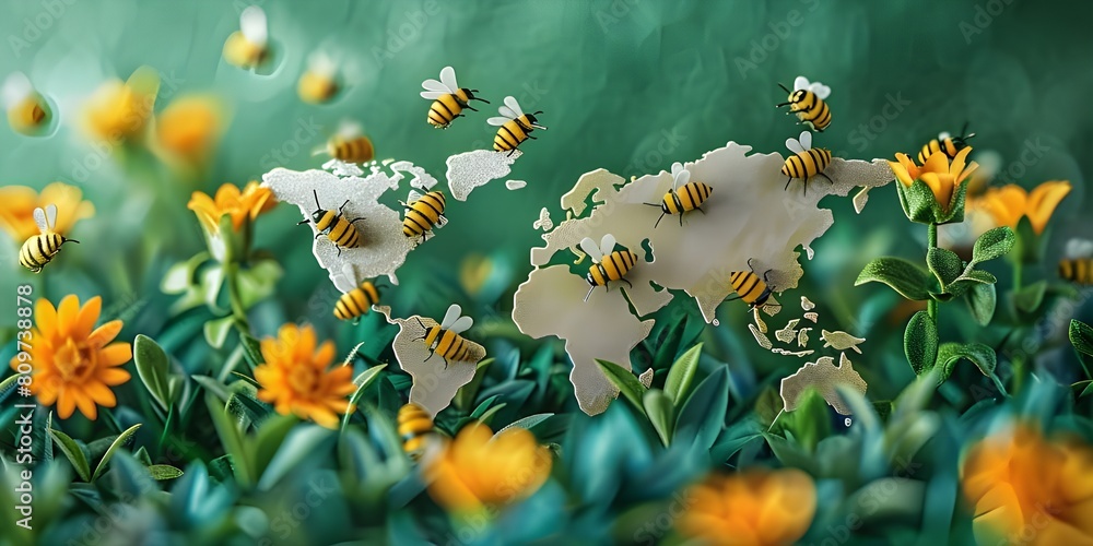 Bee's on the world map: A close-up image of bees hovering over a world ...
