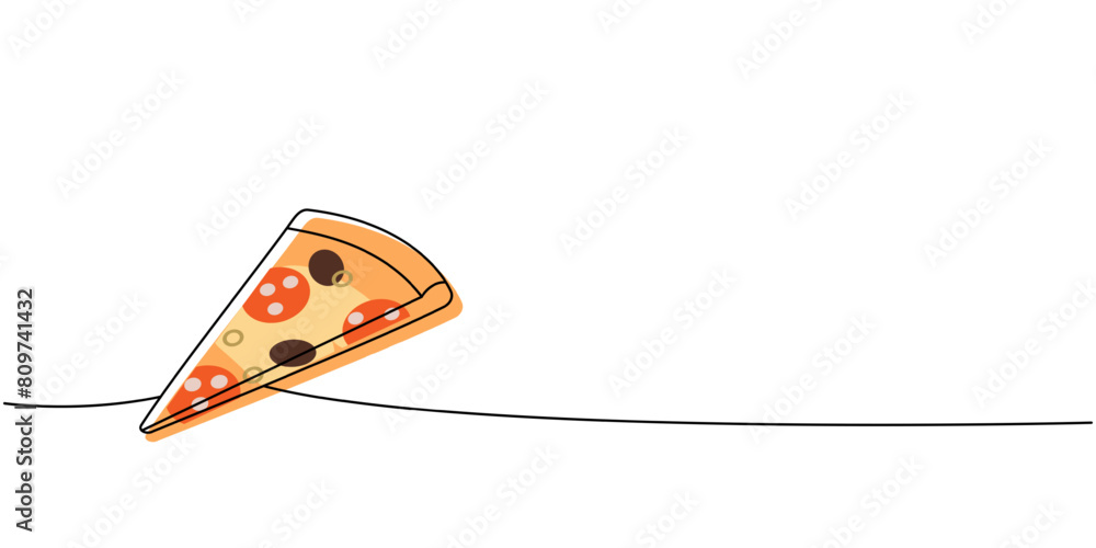 Italian pizza slice one line colored continuous drawing. Traditional ...