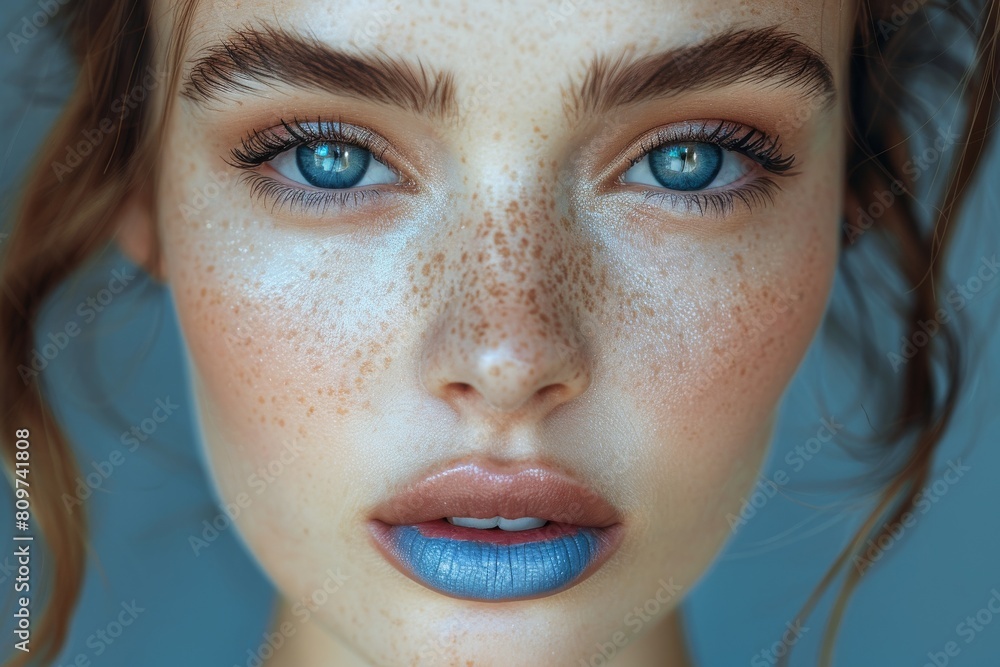 Artistic portrait focusing on a model's striking blue eyes and freckled ...