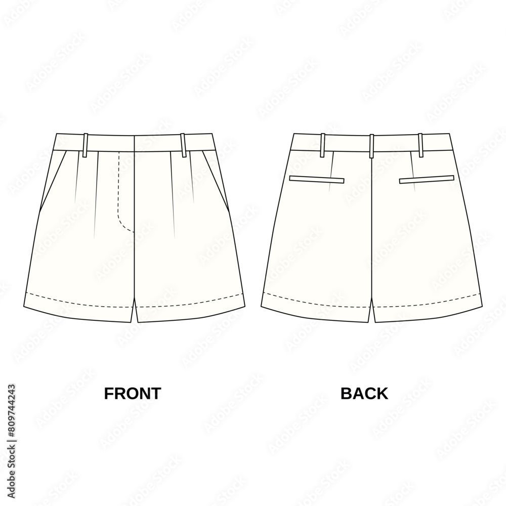 Vector illustration of shorts with flaps and pockets, front and back ...