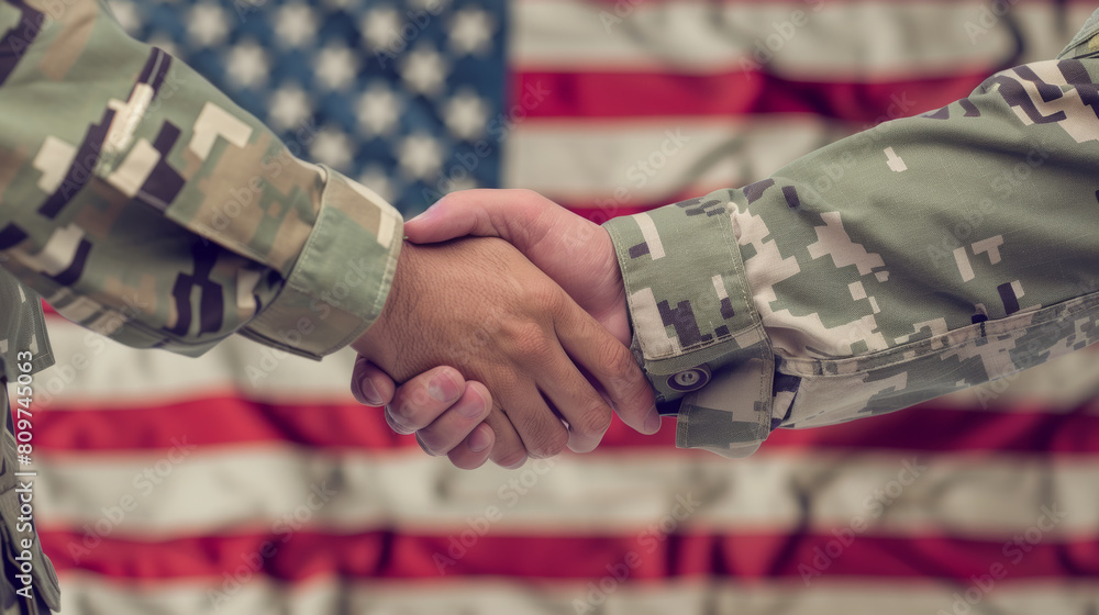 Soldiers shaking hands against an American flag backdrop, symbolizing ...
