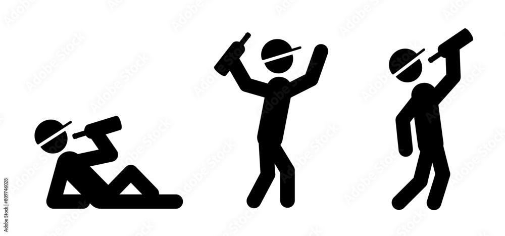 Cartoon stickman, stick figure drunk man with wine bottle. Alcoholic drink sign. Party drinker ...