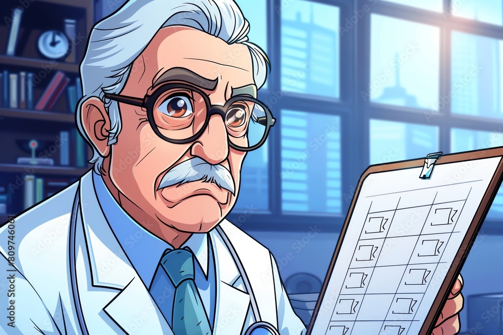 A cartoonish scene of a doctor trying to read an eye chart that ...