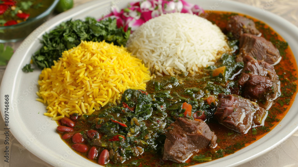 Authentic iranian ghormeh sabzi stew served with saffron and white ...