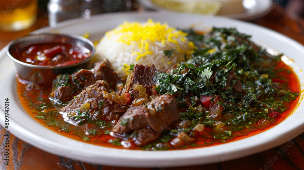 Delicious plate of iranian ghormeh sabzi stew with aromatic basmati ...