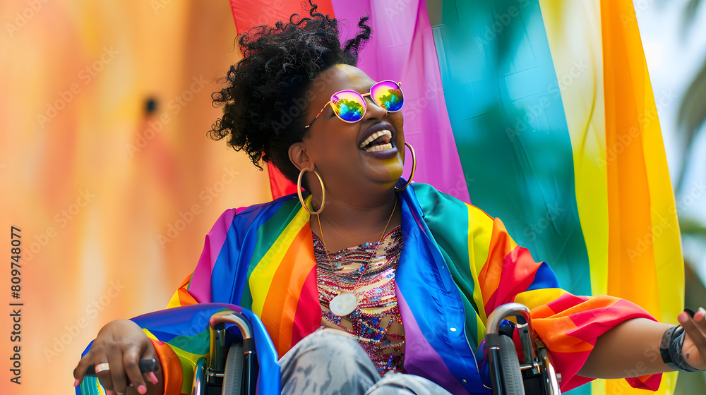 Happy african american plus size disabled lesbian woman in wheelchair ...