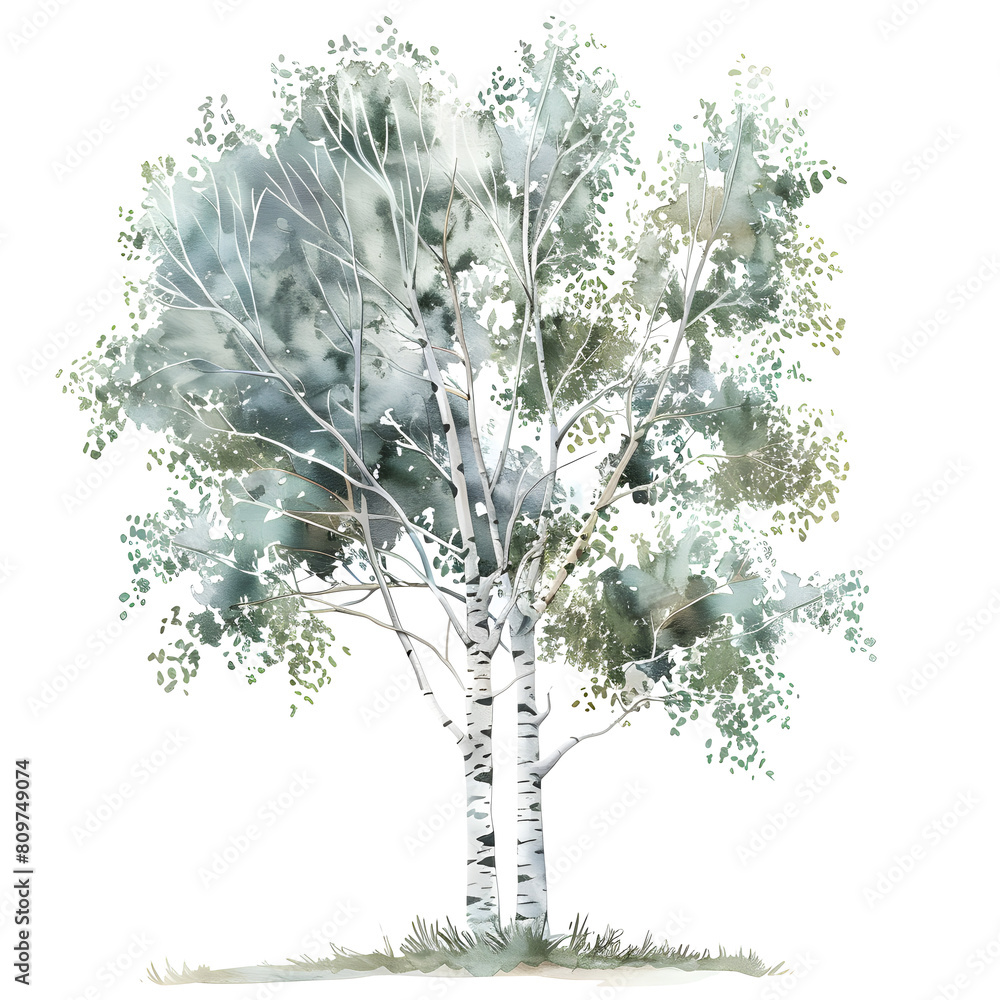 Trees front view, PNG, watercolor style vector tree, grey birch tree ...