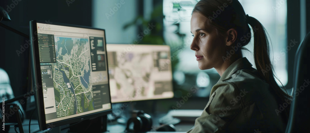 Focused professional monitoring digital maps in a high-tech ...