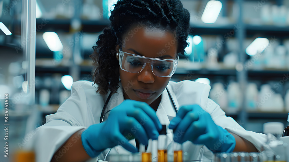 Black African american female scientist examining medical vials in ...