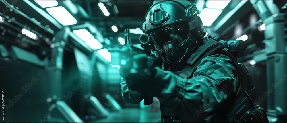 Special forces operative in tactical gear points weapon, ready for ...