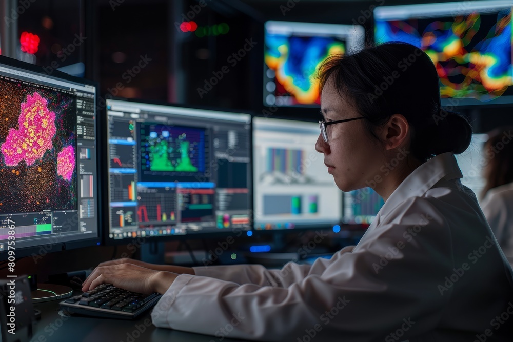 A woman is seated in front of a computer monitor analyzing data on ...