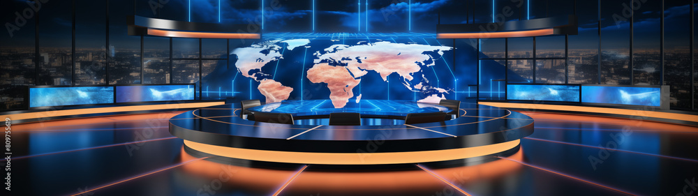 Futuristic News Studio with Global Map and City Background Stock ...