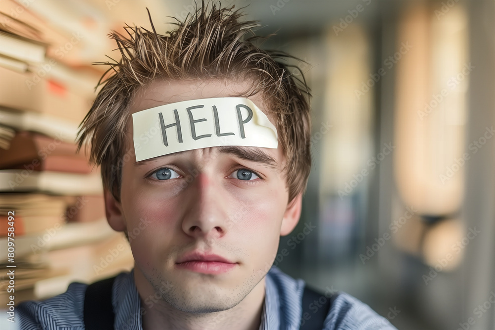 Teen boy in trouble with the word HELP written on a piece of paper and ...