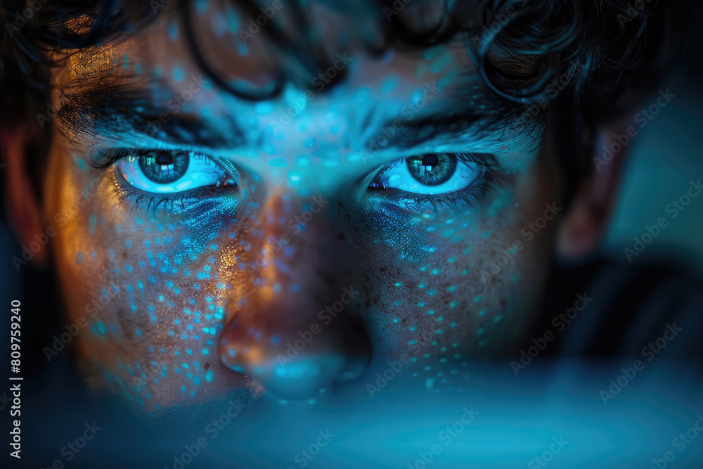 A close-up of person looking at laptop screen, glowing blue face, blue ...