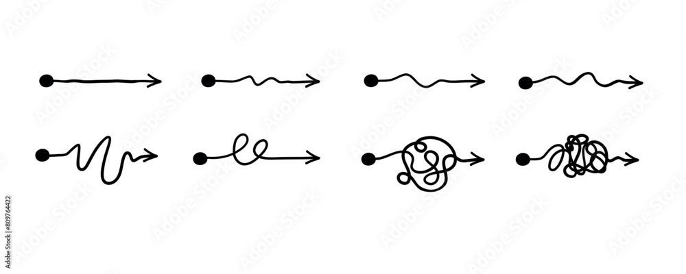Hand drawn Chaos mind arrow. Plan concept with smooth route and rough ...