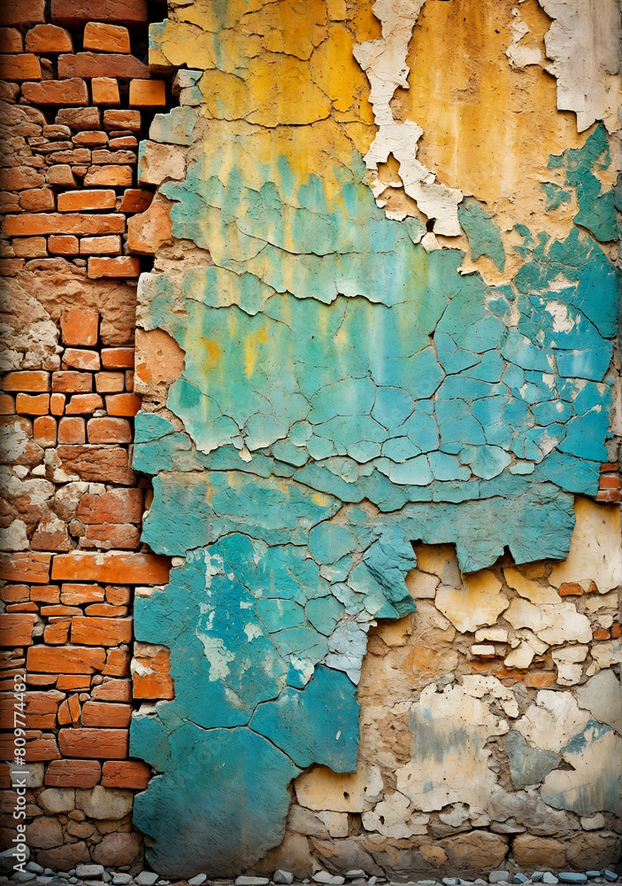 Colorful old grunge brick wall with cracked plaster. Damaged brick wall ...