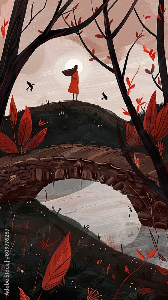 Ethereal mist, a solitary figure crossing a bridge, symbolic dream ...