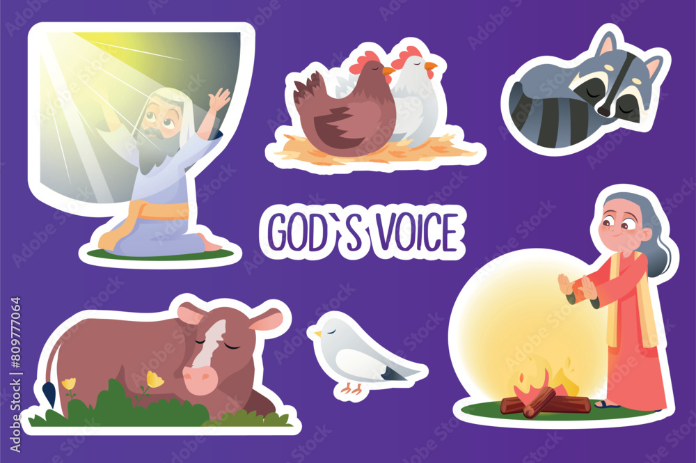 Set of stickers God's voice in flat cartoon design. This image depicts ...