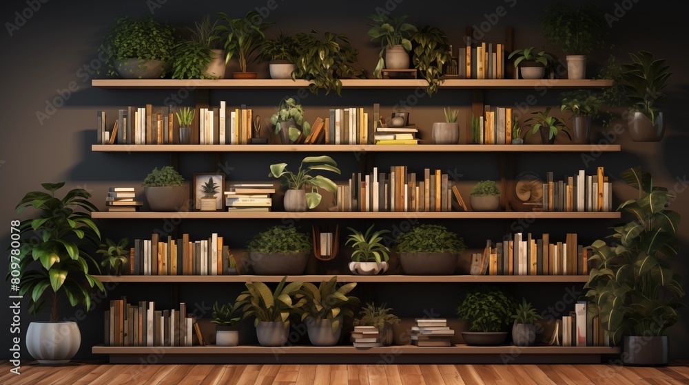 A contemporary-style bookshelf adorned with plants that serves as a ...