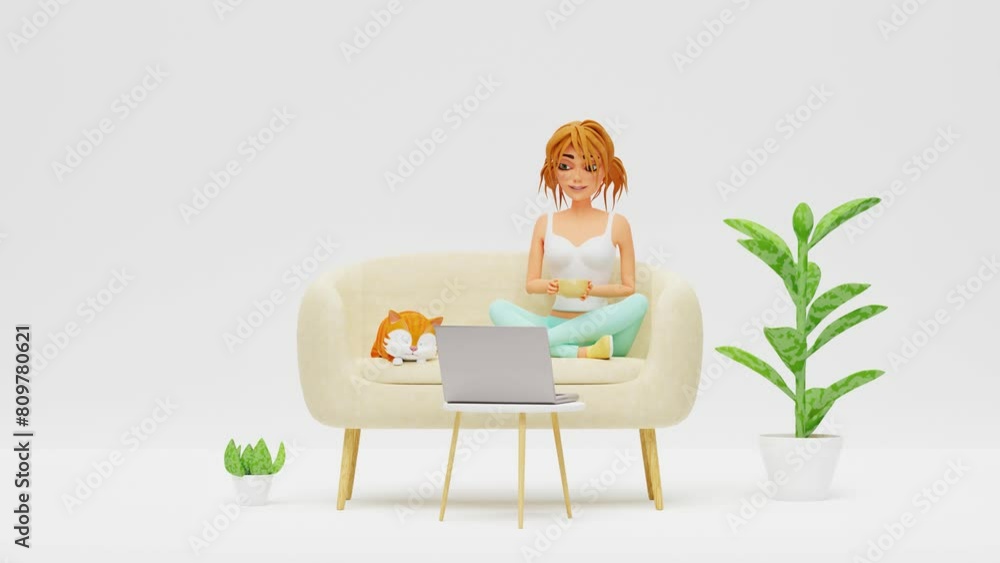 Seamless looping animation of cartoon smiling girl sitting on sofa with ...