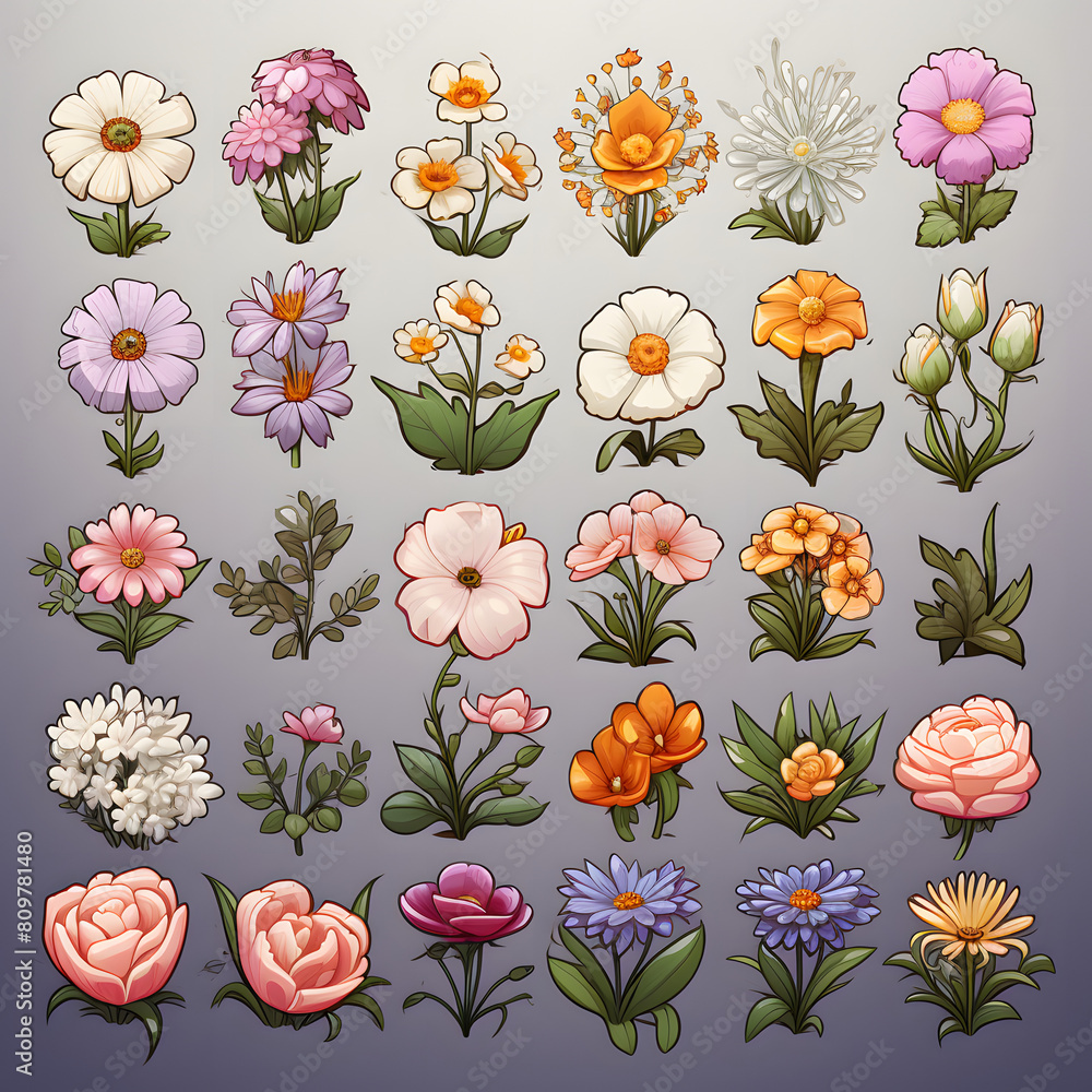 cute flowers handpainted, tabletop game props, full page grid sprite ...