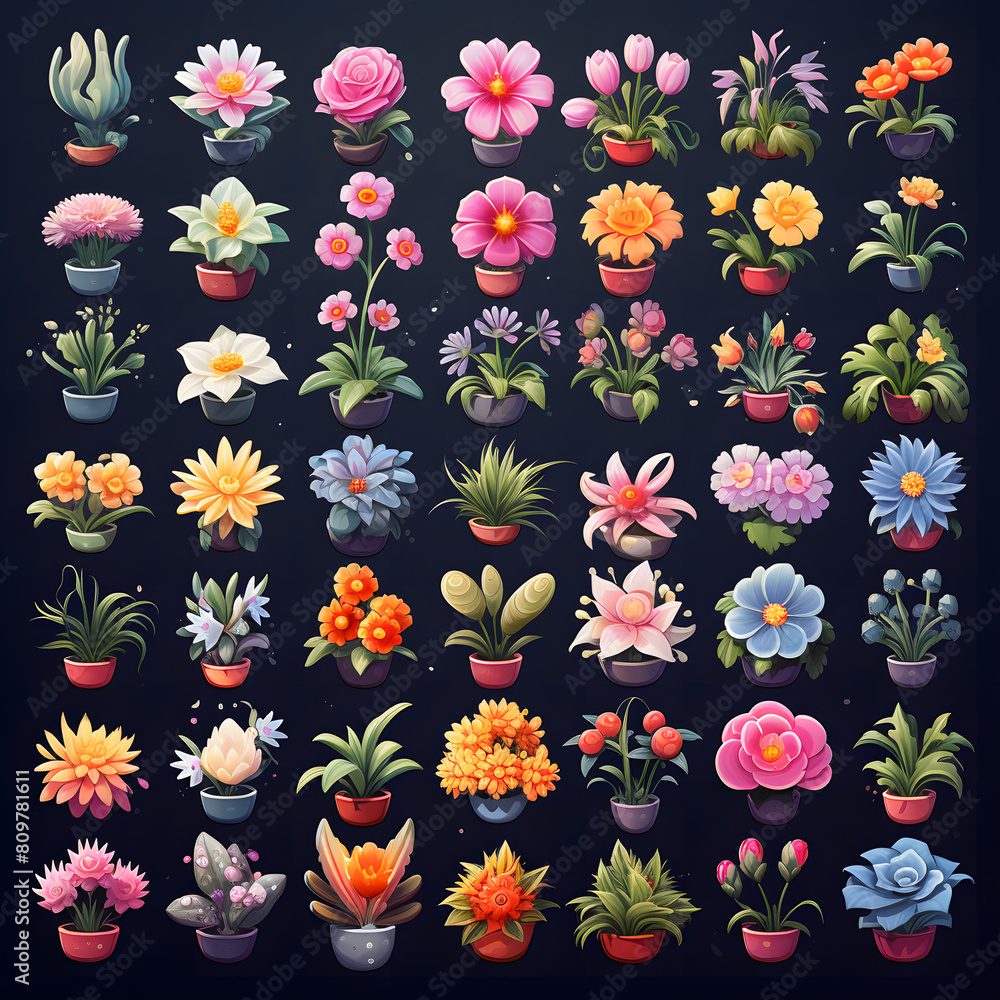 cute flowers handpainted, tabletop game props, full page grid sprite ...