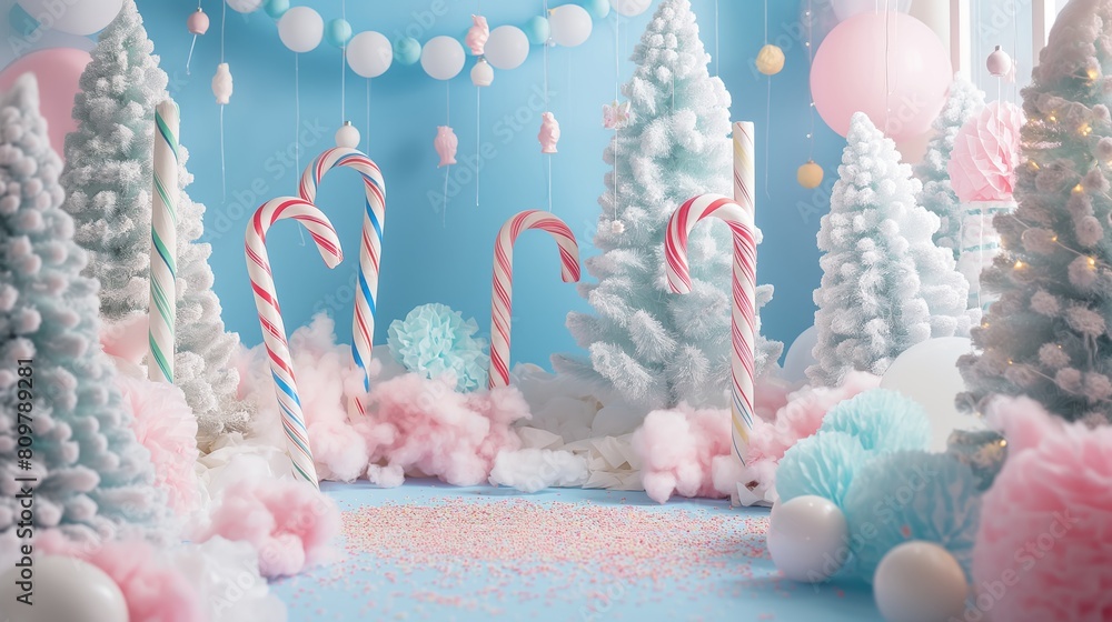 Winter Wonderland Candyland-Themed Setup with Snowy Trees, Candy Canes ...