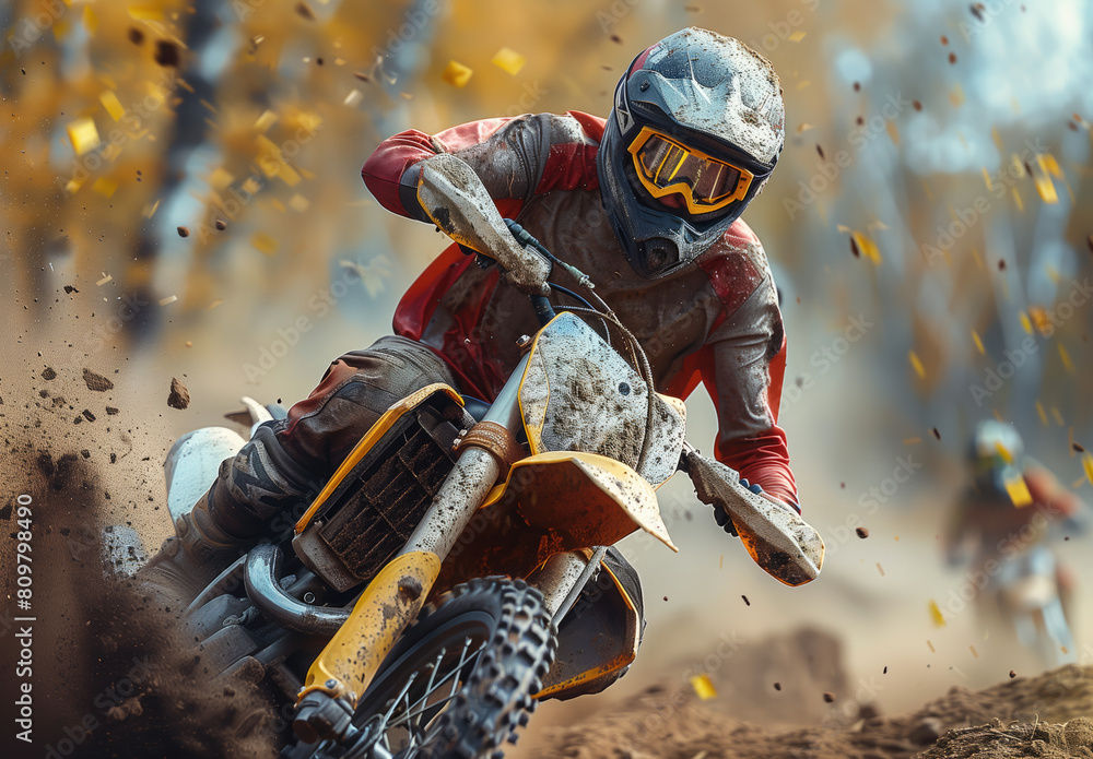 Piloto motocross Enduro, deportista tomando una curva a mucha velocidad ...