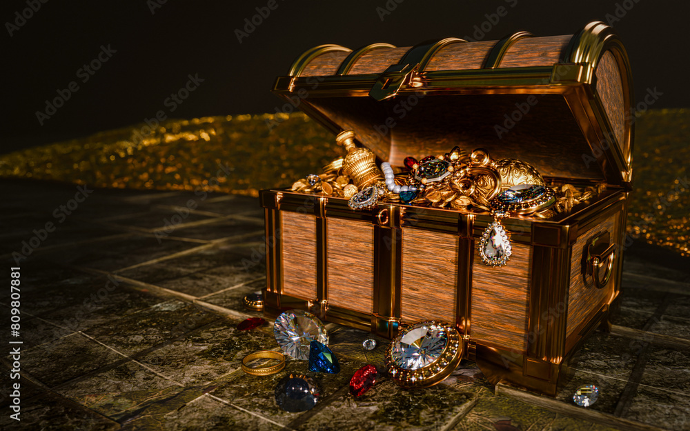 ancient treasures made of gold Packed in a retro treasure chest. Pirate ...