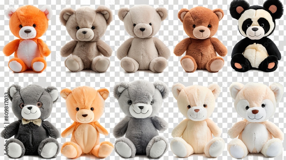 Set of fur plush stuffed animal toy on transparent background cutout ...