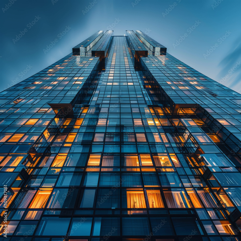 Urban skyline view of a glass building reaching towards the top ...